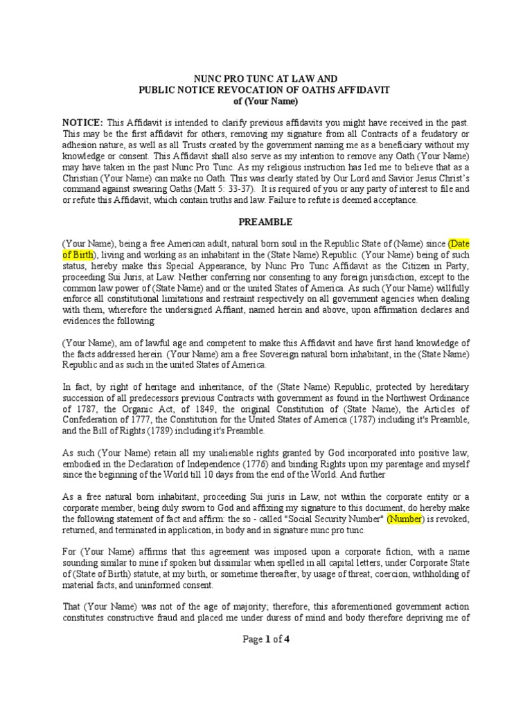 Nunc Pro Tunc | Affidavit | Natural And Legal Rights