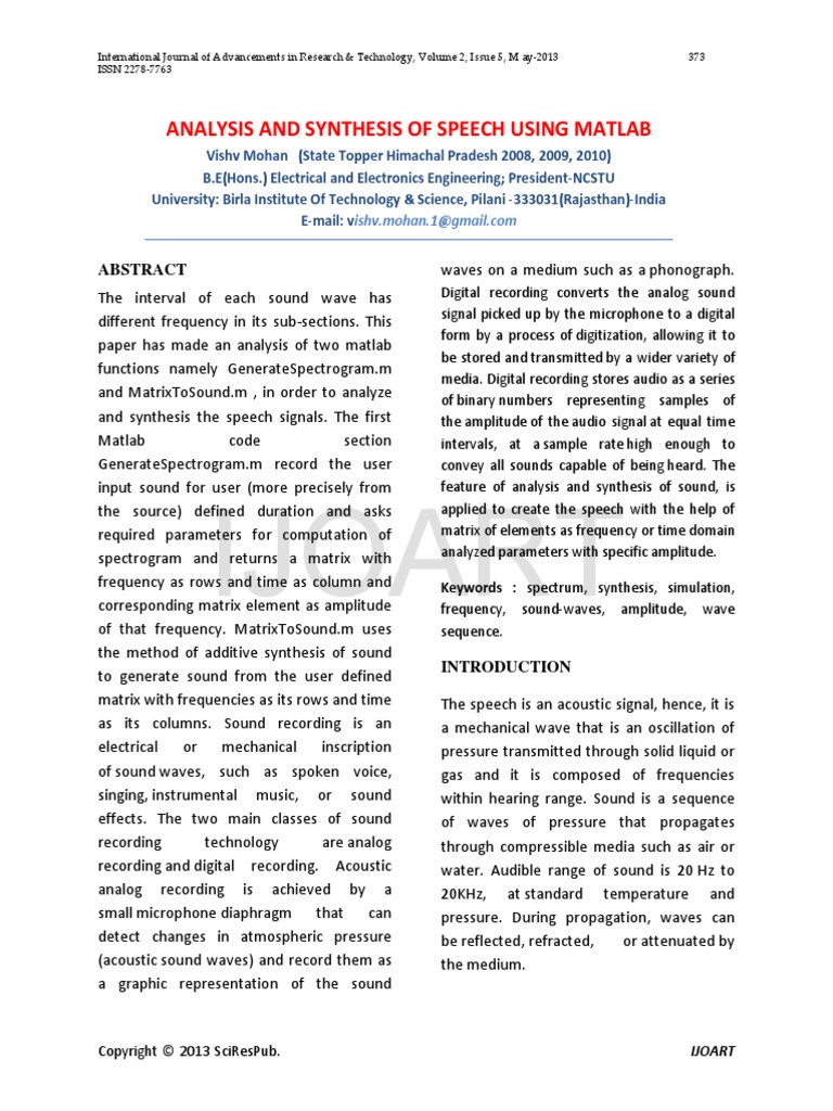 Analysis and Synthesis of Speech Using Matlab | PDF | Spectral Density ...