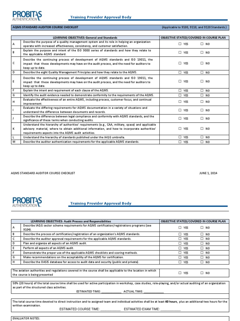 Aqms Standard Auditor Course Checklist | PDF | Audit | Quality Management