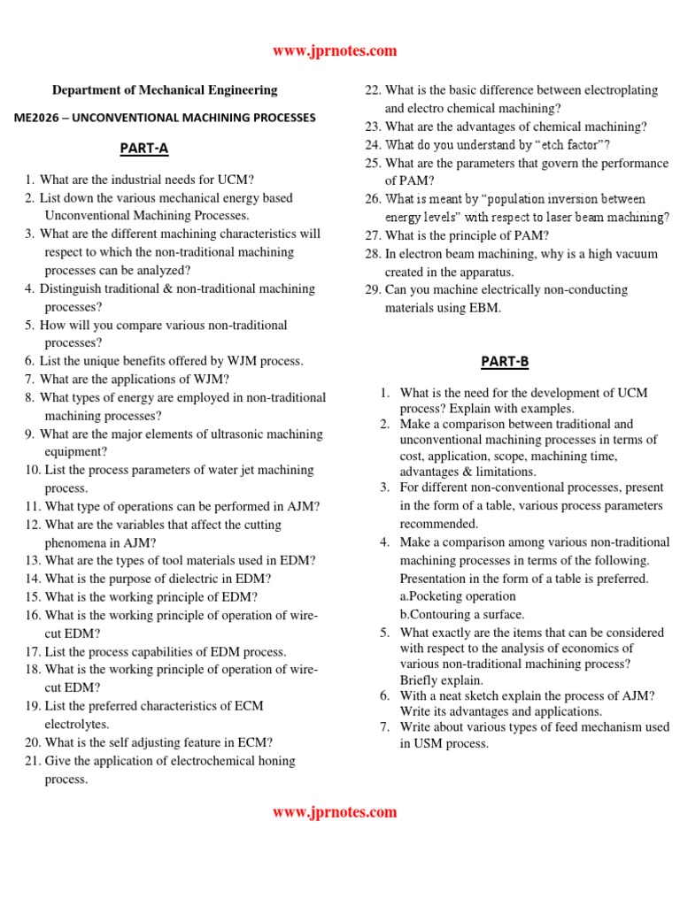 UNCONVENTIONAL MACHINING PROCESSES - Model Important Questions - Compressed | PDF | Machining ...