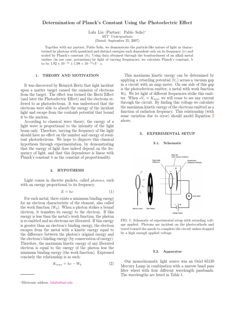 Measuring Planck's Constant via Photoelectric Effect | PDF ...