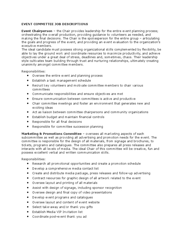 Event Committee Job Descriptions | PDF | Auction | Leadership