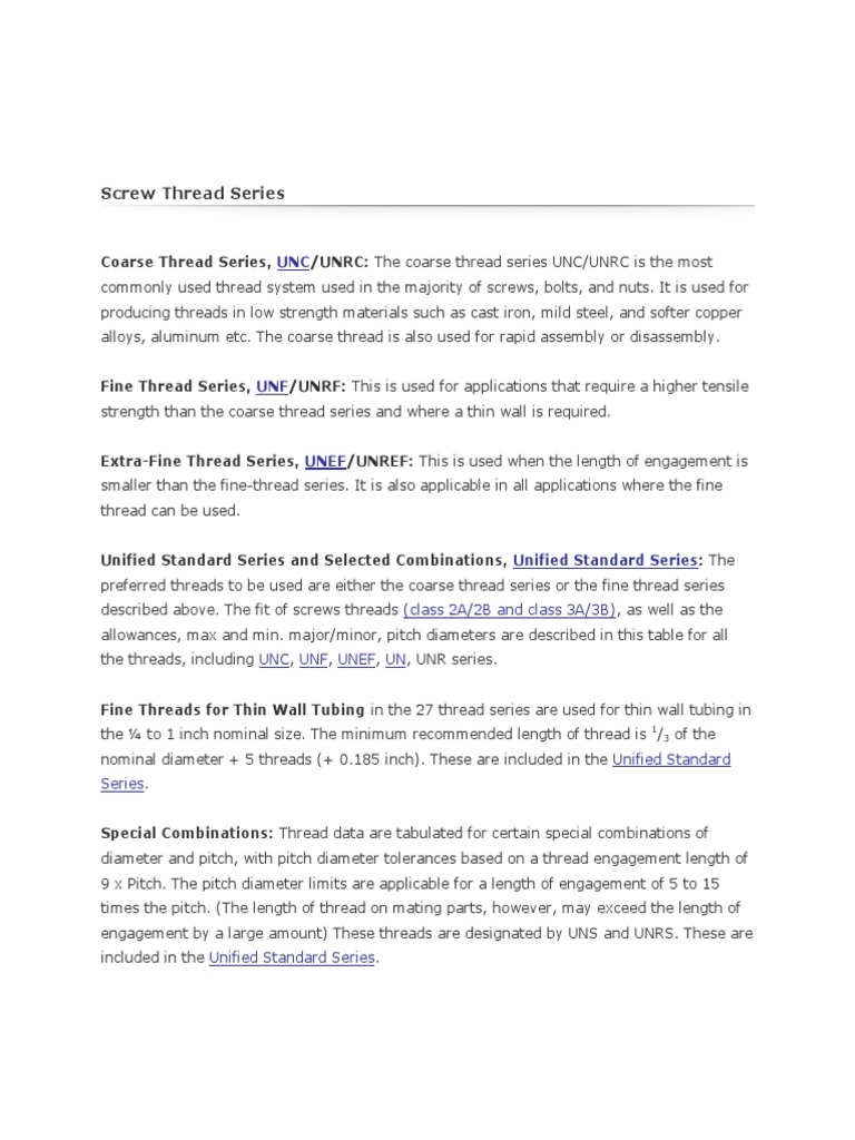 Screw Thread Series: (Class 2A/2B and Class 3A/3B) UNC UNF Unef UN | PDF