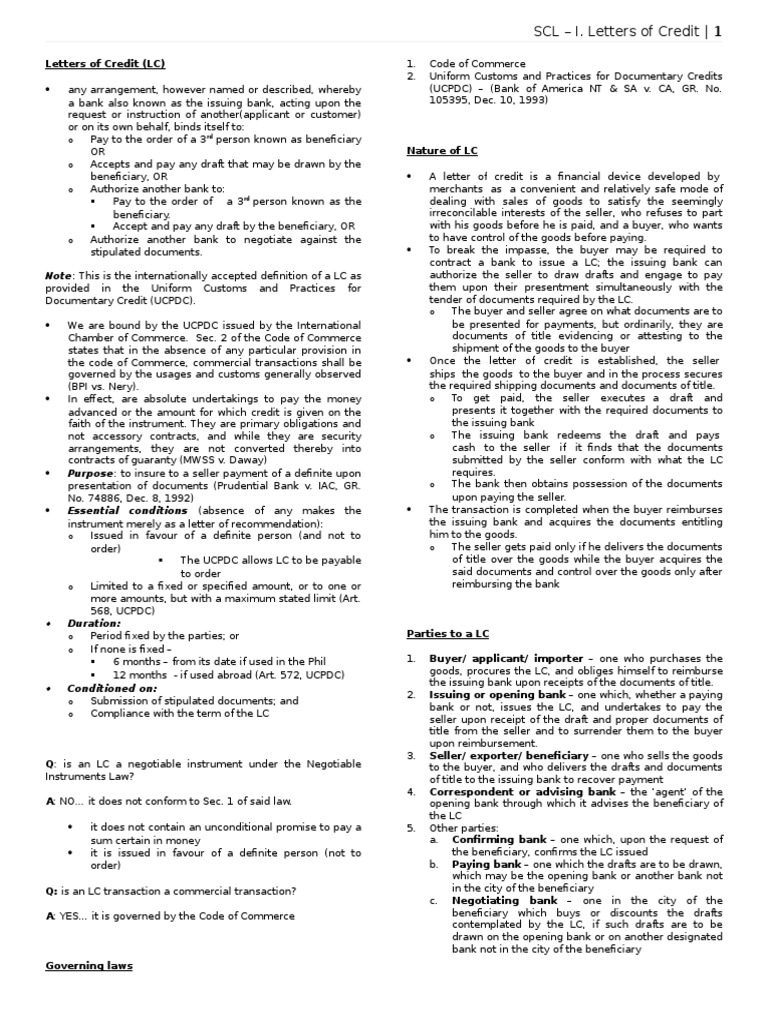 SCL I Letters of Credit | PDF | Letter Of Credit | Private Law