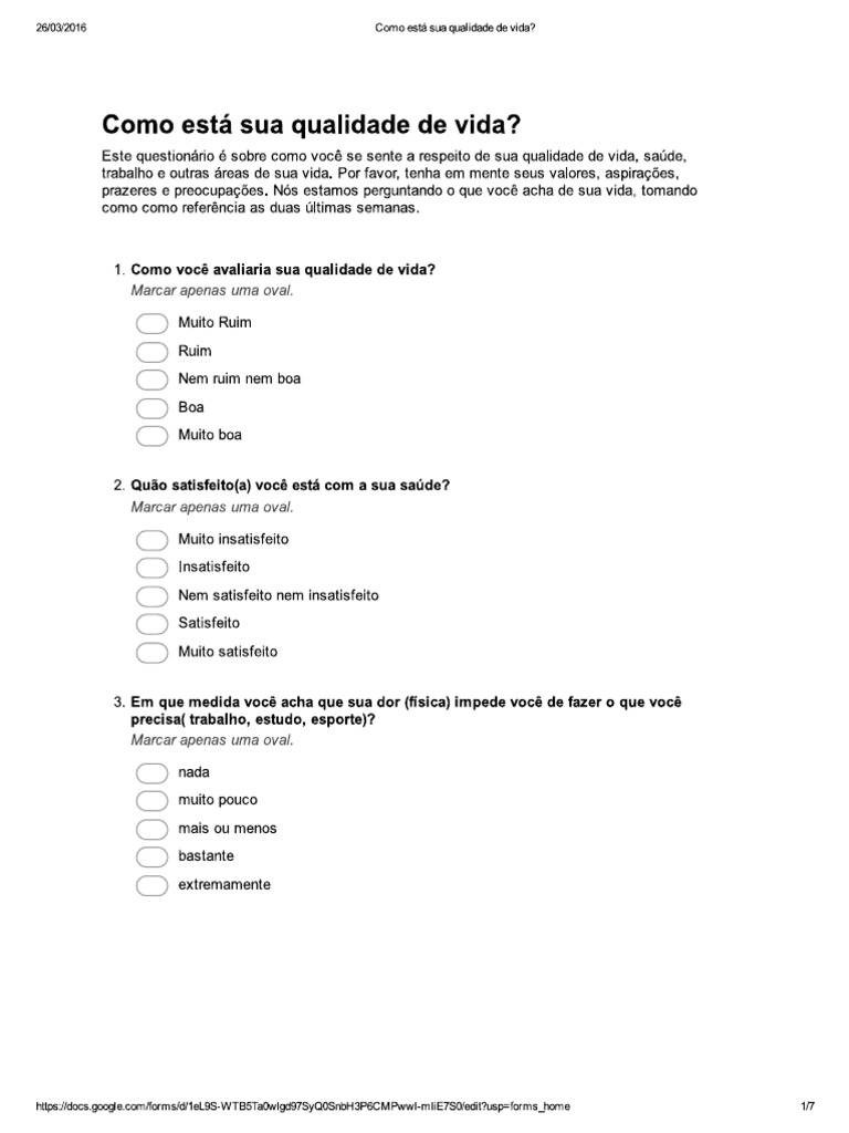 Formulário Qualidade de Vida - Formulários Google | PDF