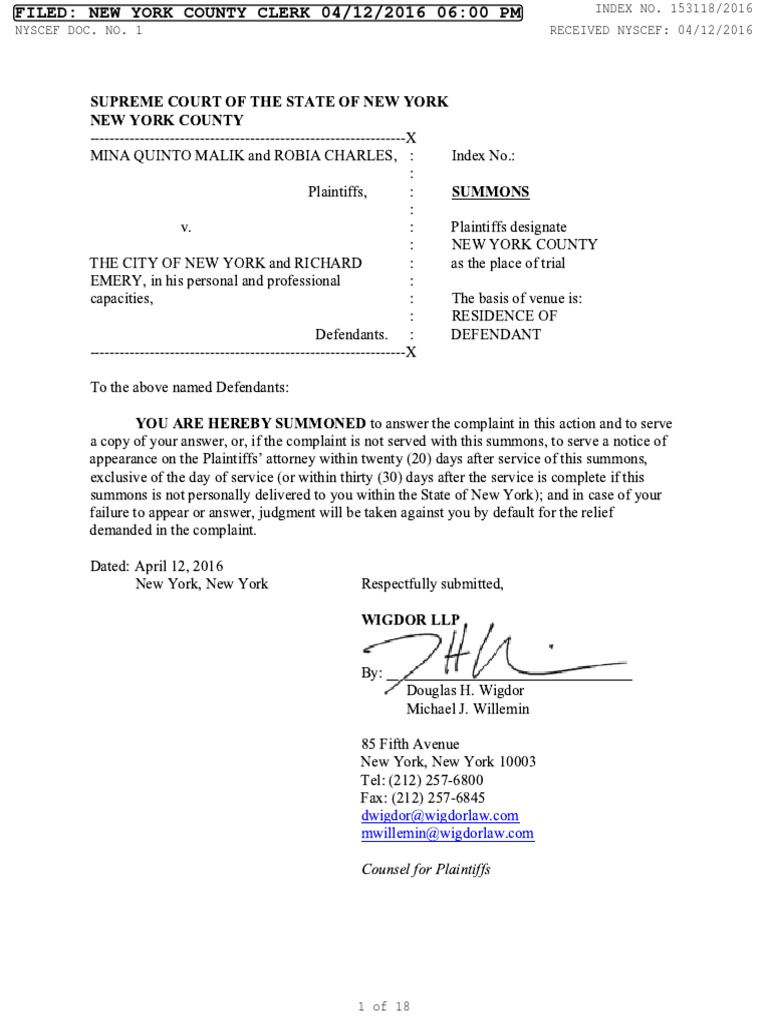 Complaint - Malik V City of New York Et Al (NY Supreme 153118-2016 ...