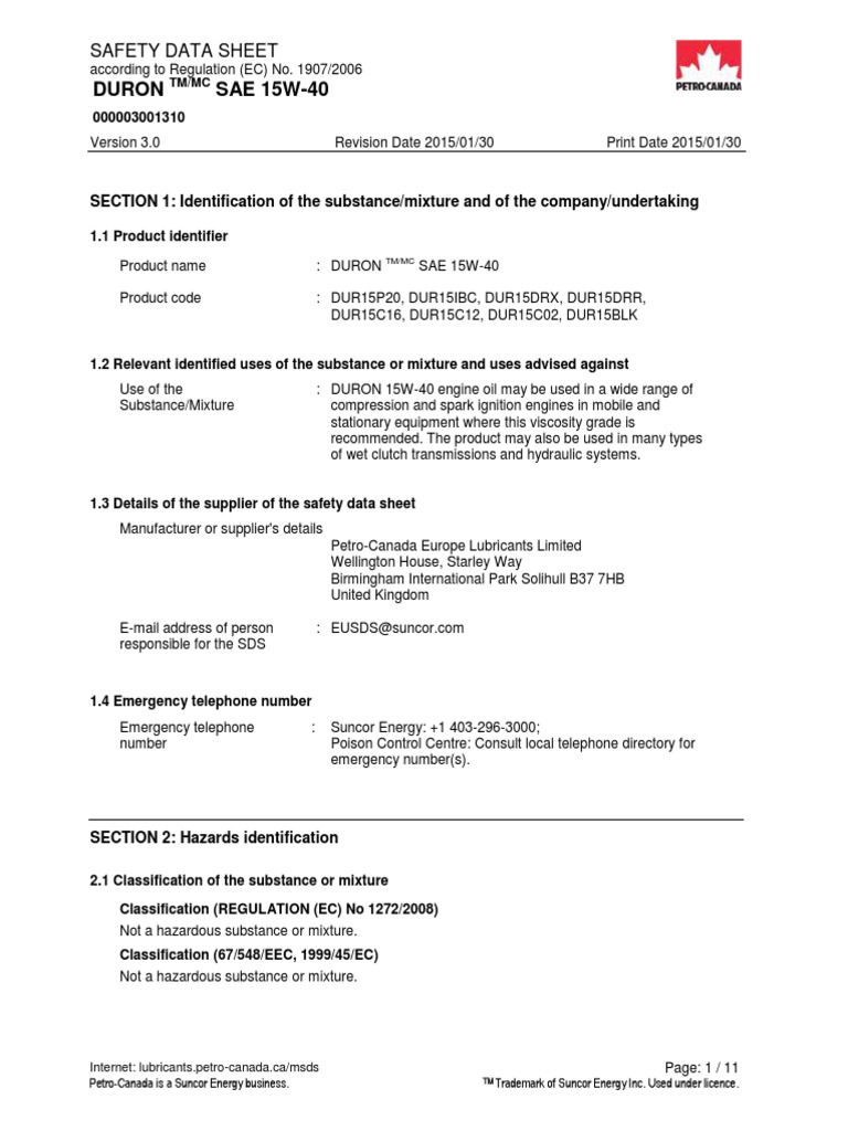 Duron SAE 15W-40: Safety Data Sheet | PDF | Toxicity | Personal ...
