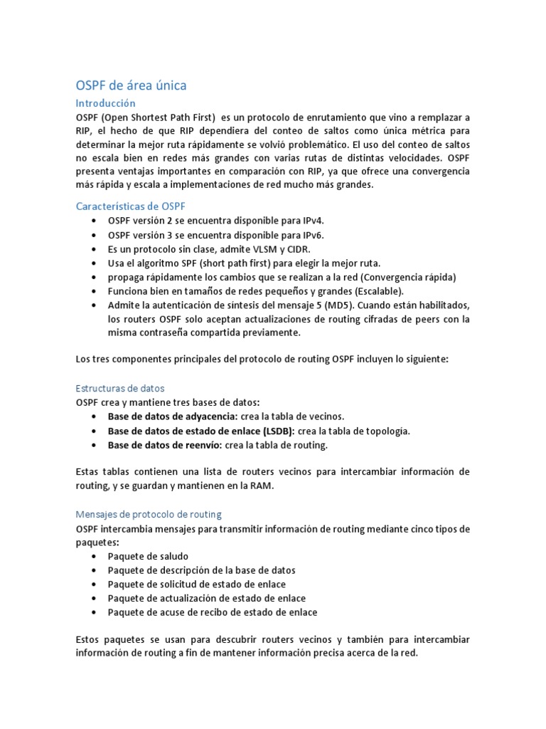 Resumen OSPF Area Unica | PDF | Enrutador (Computación) | Yo Pv6