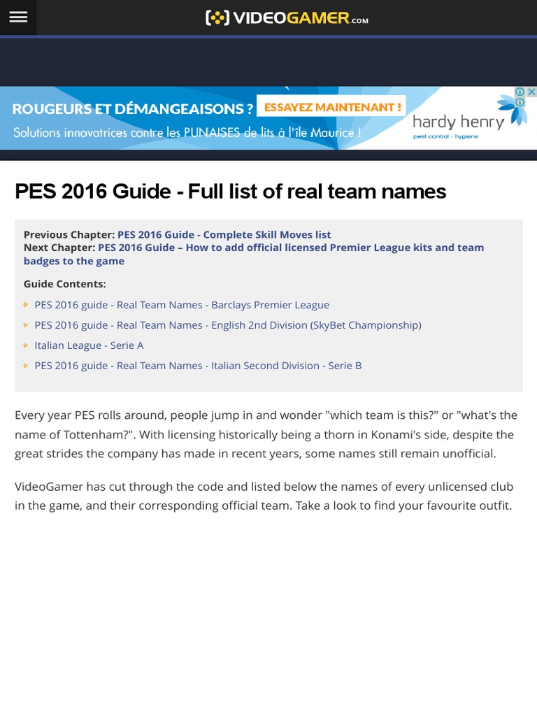PES 2016 Guide - Full List of Real Team Names | PDF | Premier League ...
