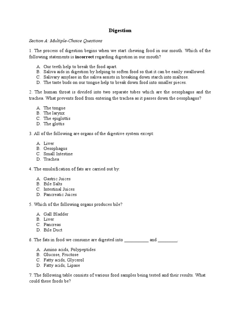Digestion: Section A: Multiple-Choice Questions | PDF