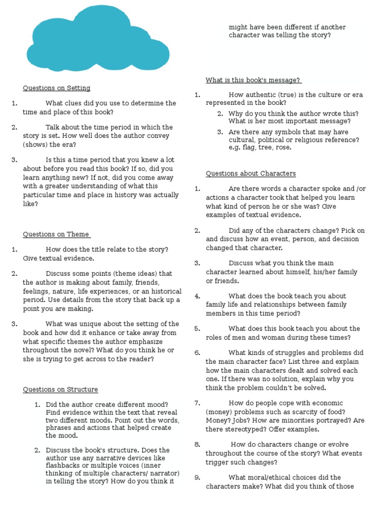 Historical Fiction Book Club Discussion Questions Bookmark | PDF ...