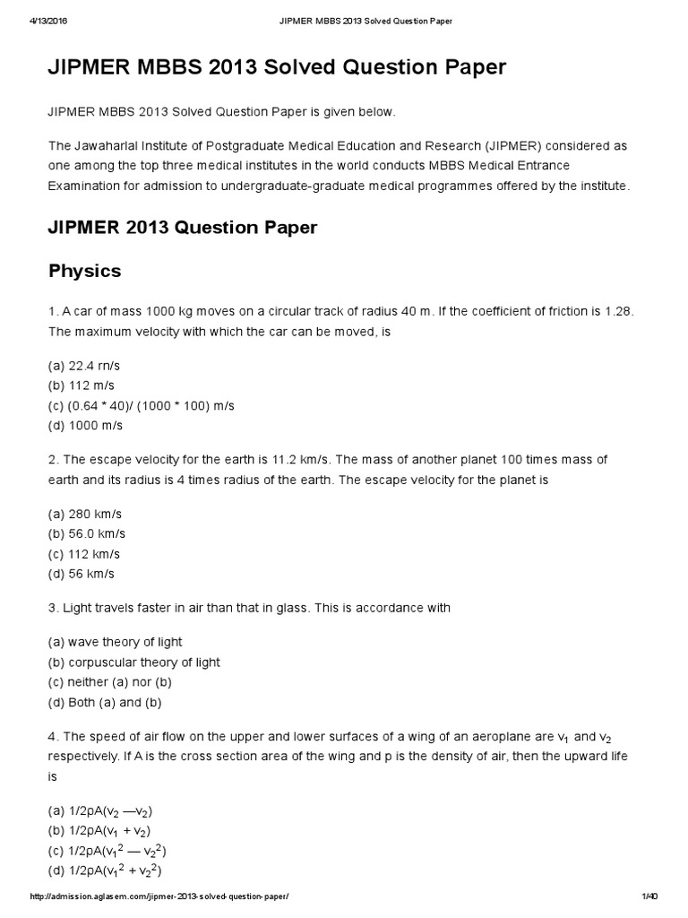 JIPMER MBBS 2013 Solved Question Paper | PDF | Lens (Optics) | Chemical ...
