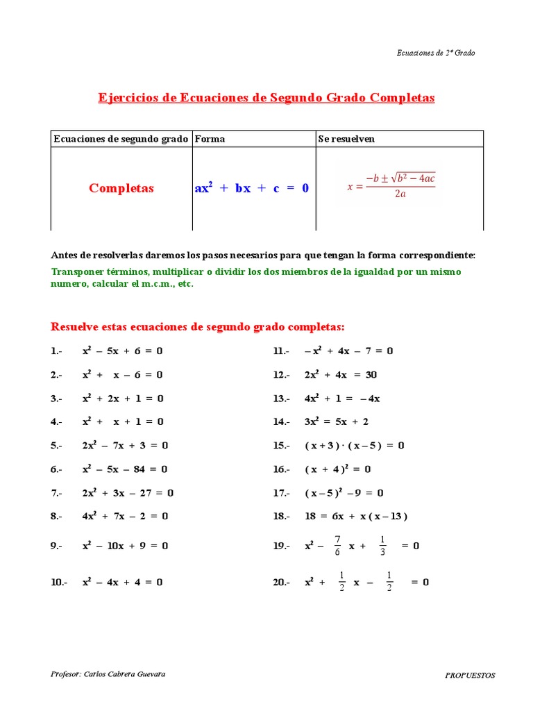 Ecuacion de Segundo Grado - Ejercicios | PDF | Ecuaciones | Objetos matemáticos