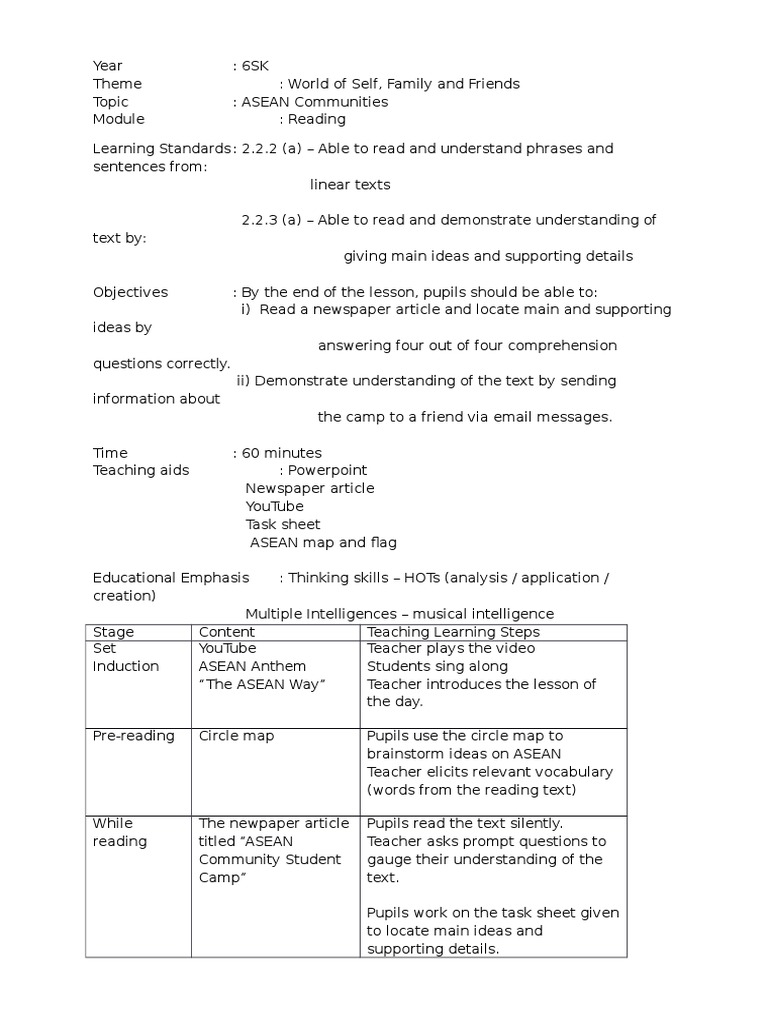 Reading Lesson - ASEAN Communities | PDF | Educational Psychology ...
