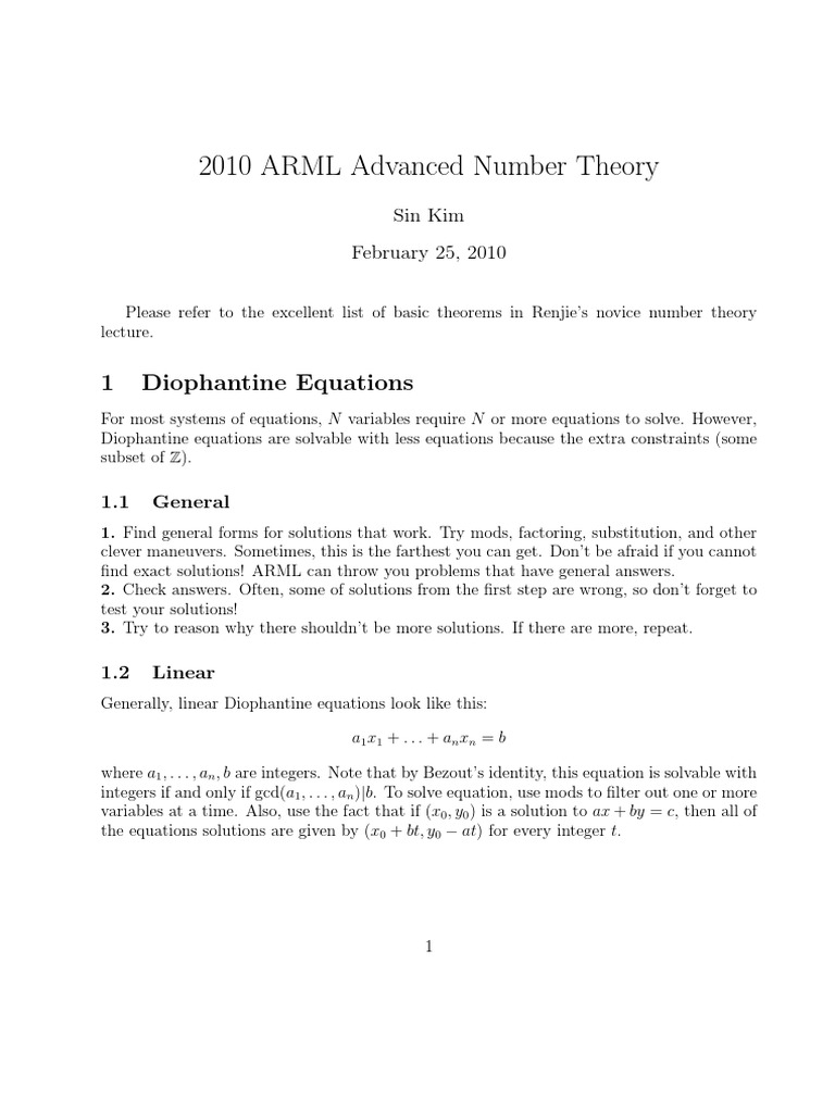 2010 ARML Advanced Number Theory | PDF | Number Theory | Equations