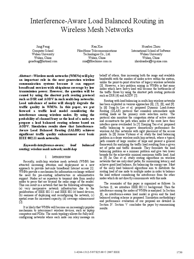 Interference-Aware Load Balanced Routing in Wireless Mesh Networks | PDF | Routing | Computer ...