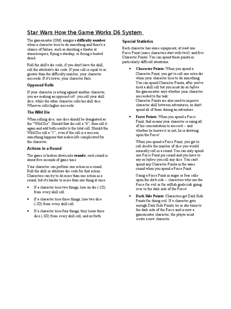 Star Wars How The Game Works D6 System | PDF | Gaming | Armed Conflict