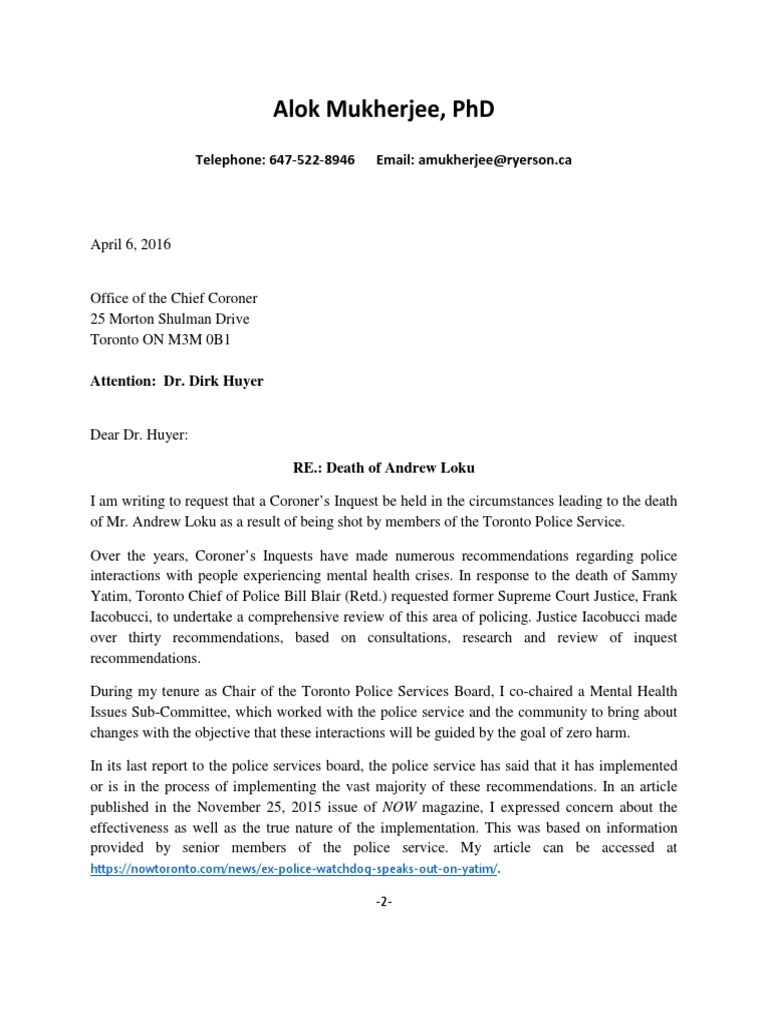 Andrew Loku Letter To Coroner | PDF