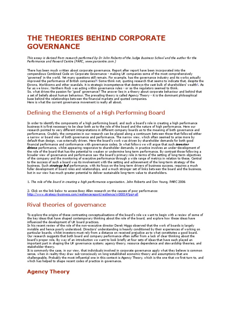 The Theories Behind Corporate Governance | PDF | Stakeholder (Corporate ...