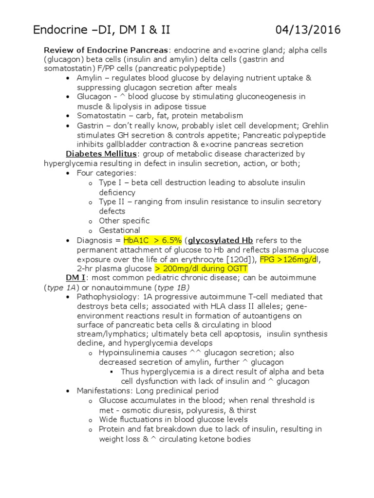 Endocrine - DI, DM I & II 04/13/2016: Review of Endocrine Pancreas ...