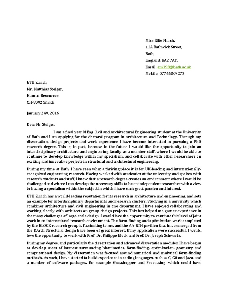 Letter of Motivation example | Doctor Of Philosophy | Interdisciplinarity