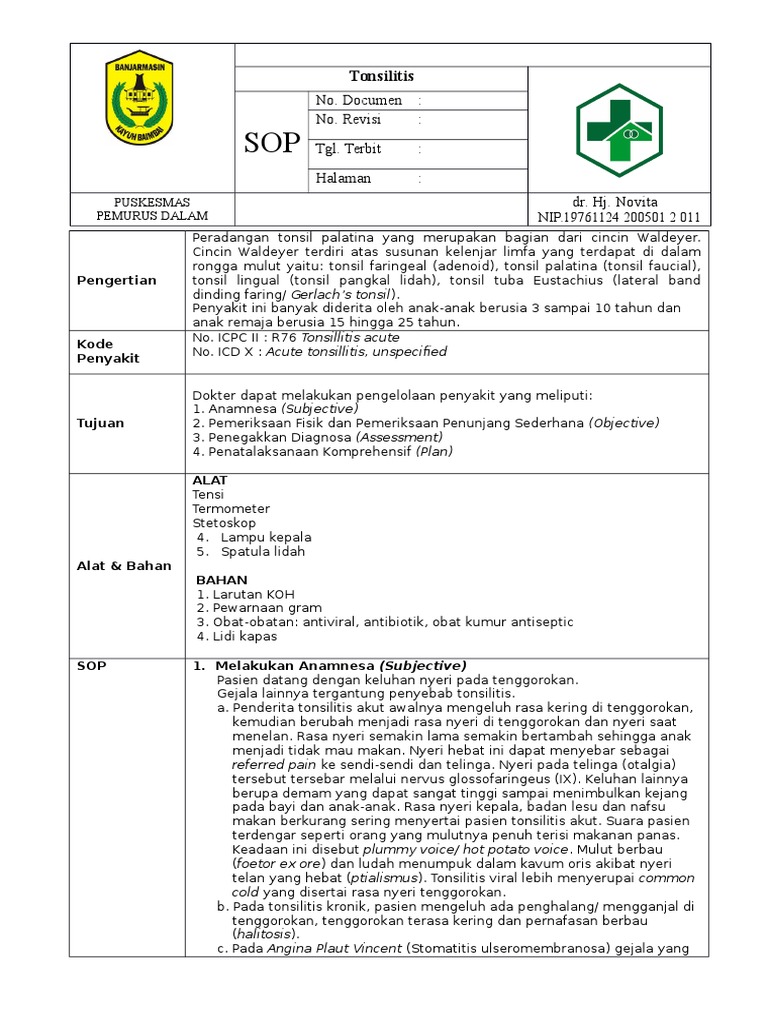 Format Sop Teknis Tonsilitis Pemda 2016 | PDF | Sains & Matematika