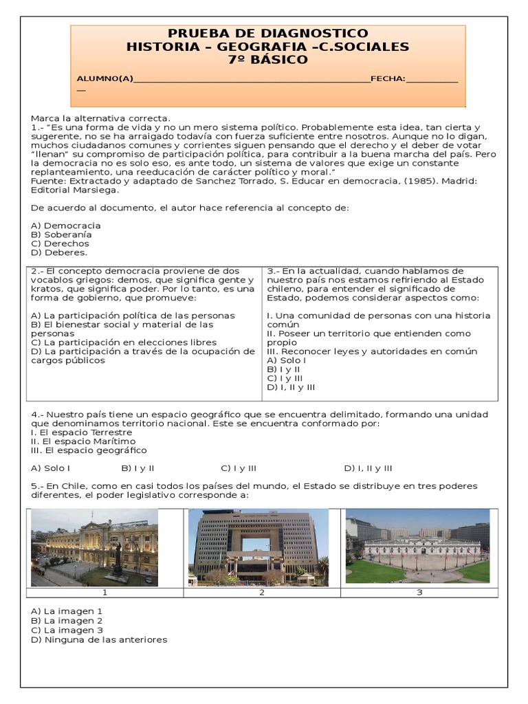 7°prueba de Diagnostico Historia Con Pauta de Evaluacion. | PDF ...