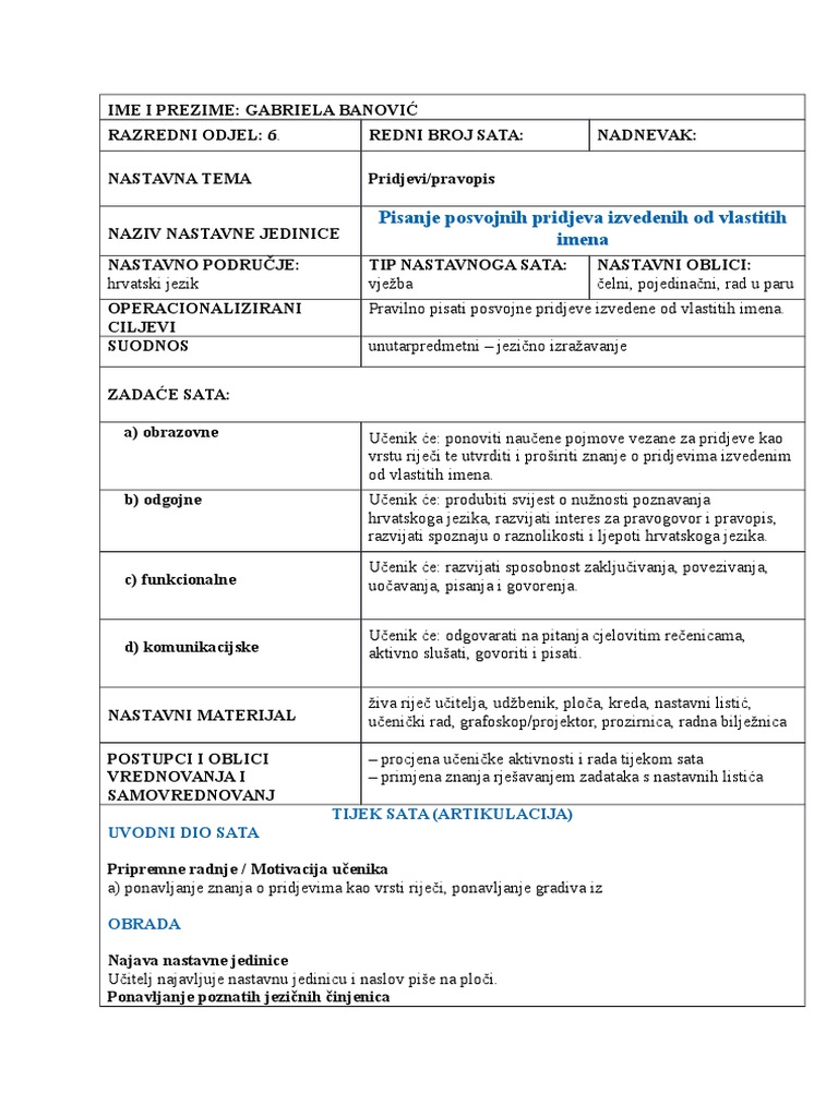 6-Pisanje Posvojnih Pridjeva Izvedenih Od Vlastitih Imena | PDF