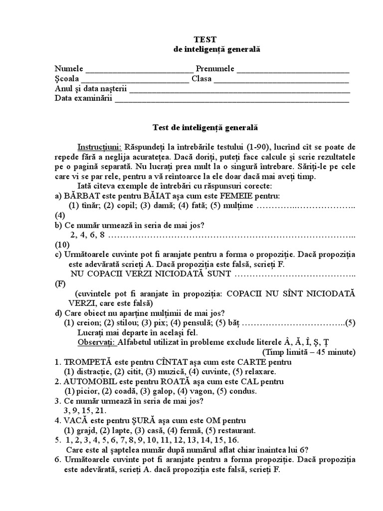Test Inteligenta Bontila FARA RASPUNS | PDF