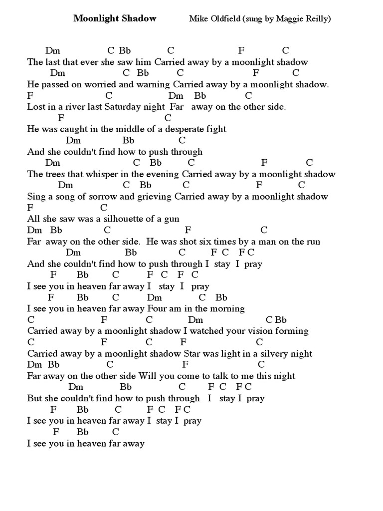 Moonlight Shadow Lyrics and Chords | PDF