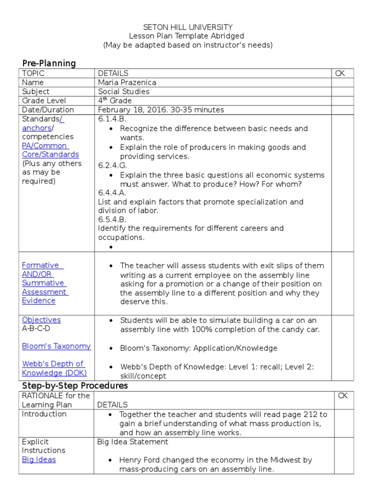 Economy Lesson Assembly Line | PDF | Lesson Plan | Teaching