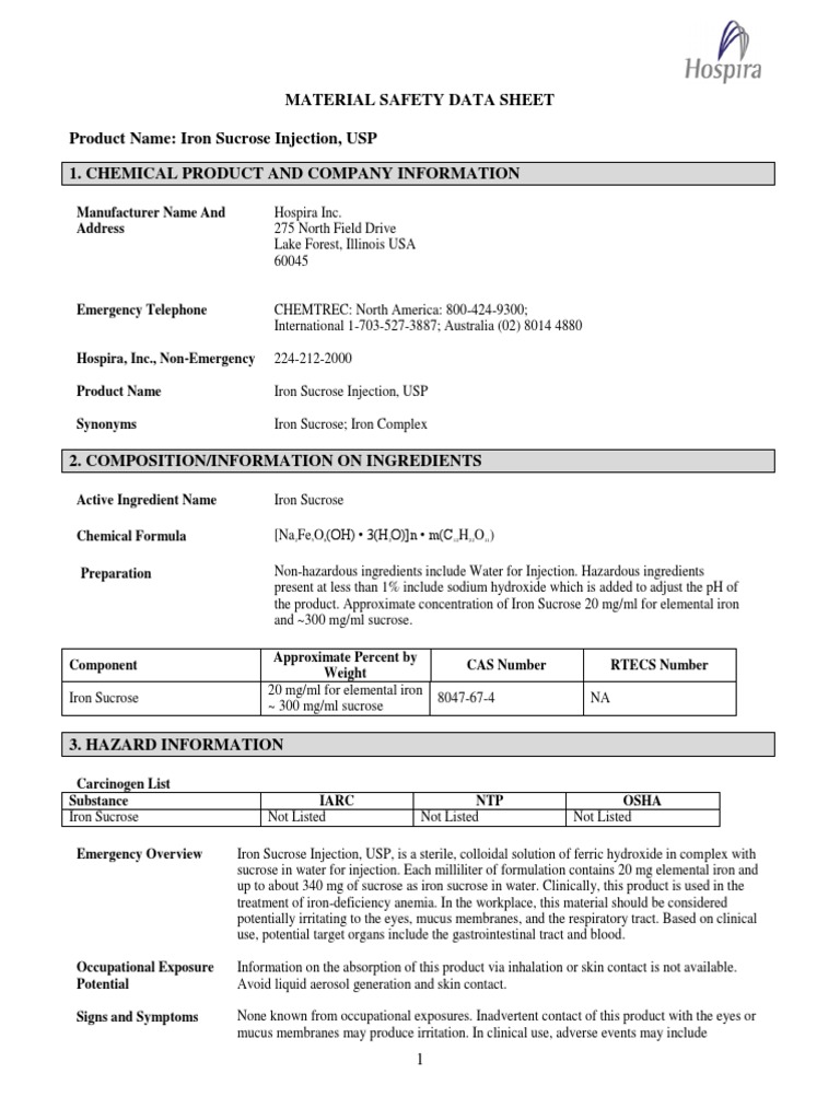 Iron Sucrose 070811 | Sodium | Resource Conservation And Recovery Act
