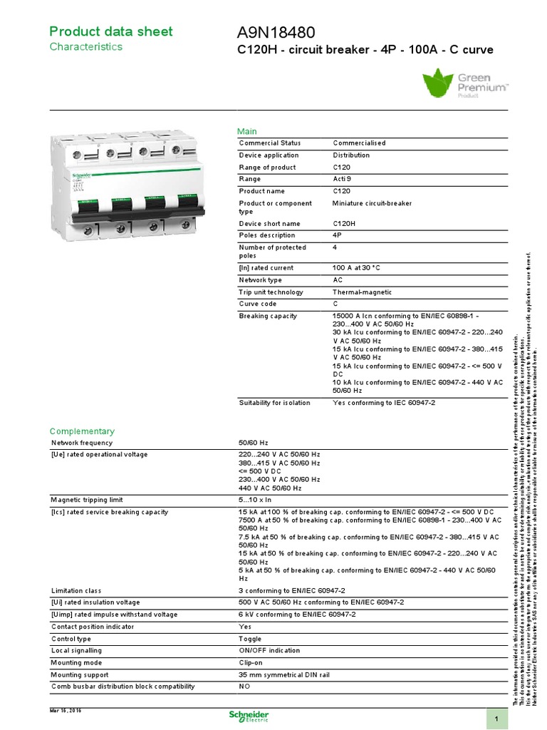 Product Data Sheet: C120H - Circuit Breaker - 4P - 100A - C Curve | PDF ...