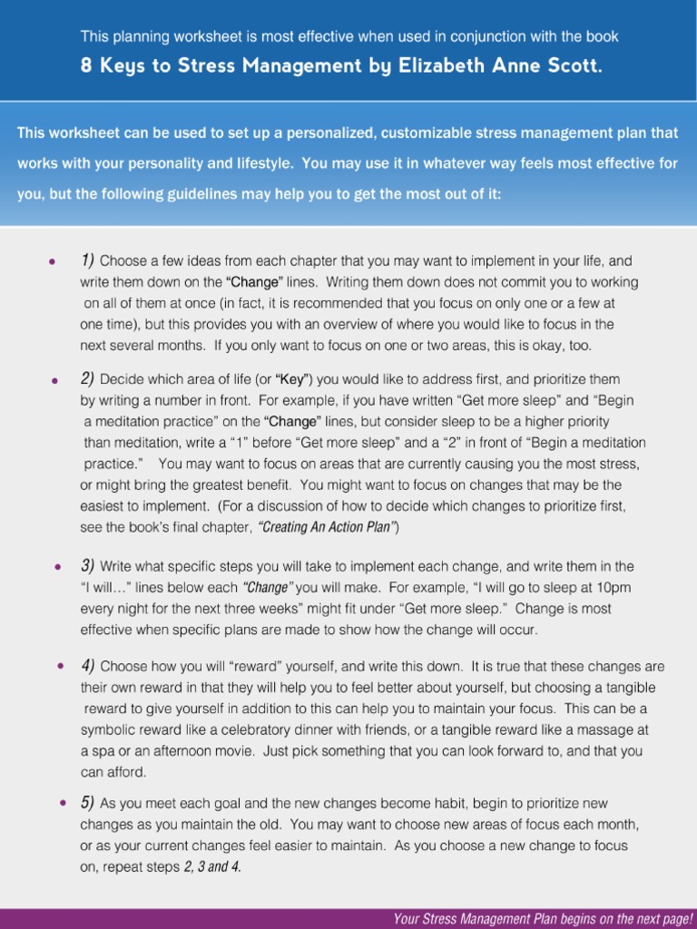 8 Keys Customizable Stress Management Plan Worksheet | PDF