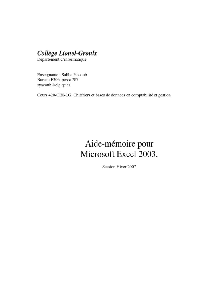 Aide-mémoire Excel 2003 | PDF | Microsoft Excel | Prêts