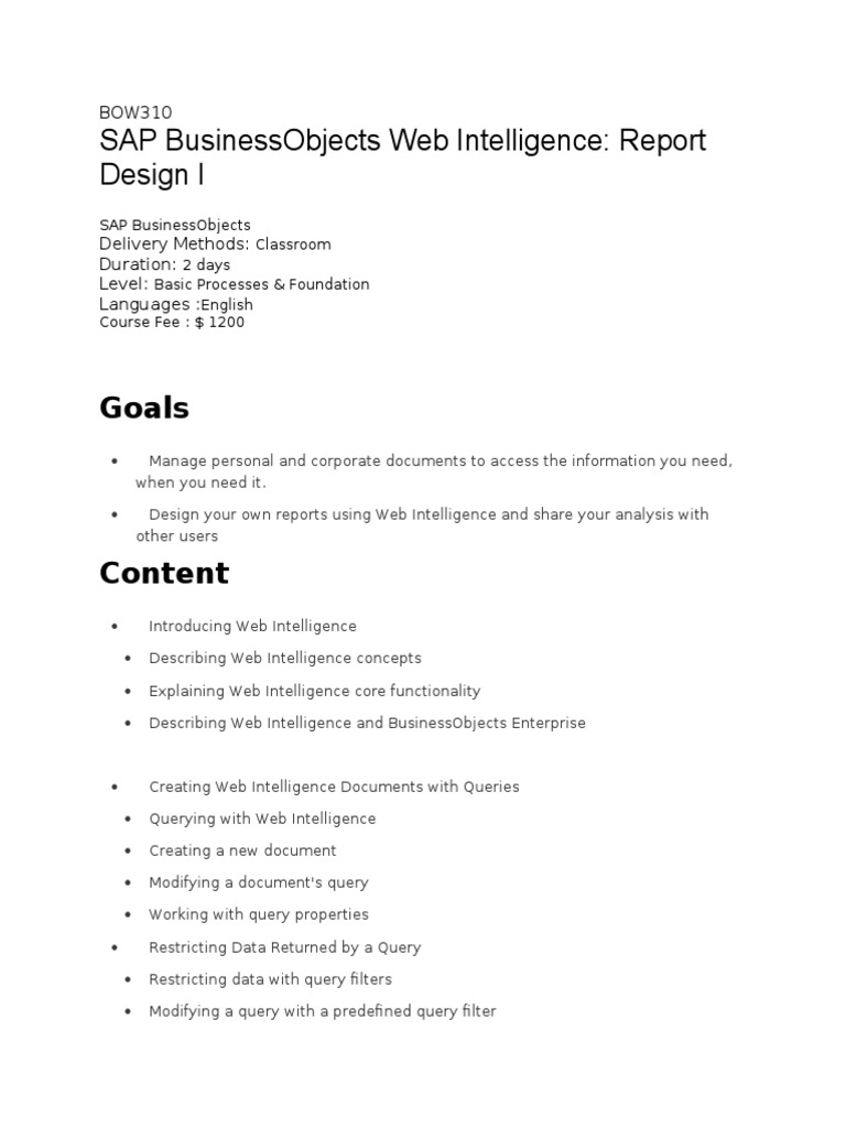 SAP Web Intelligence Report Design Training | PDF | Information ...