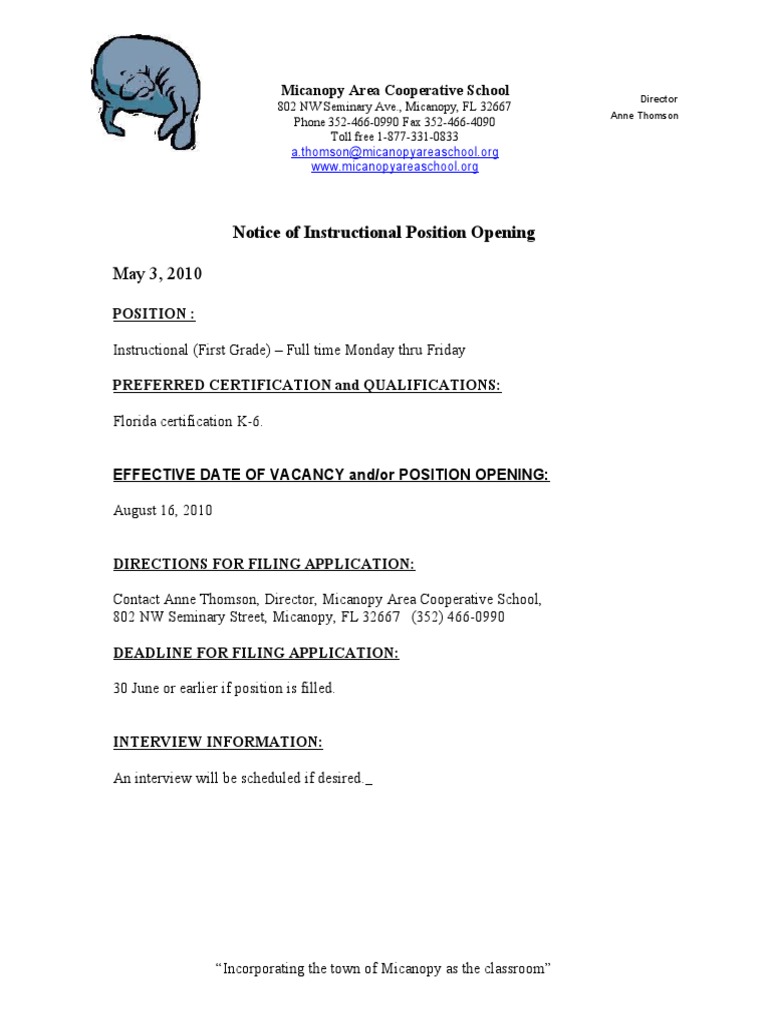 Micanopy School First Grade Job Opening | PDF