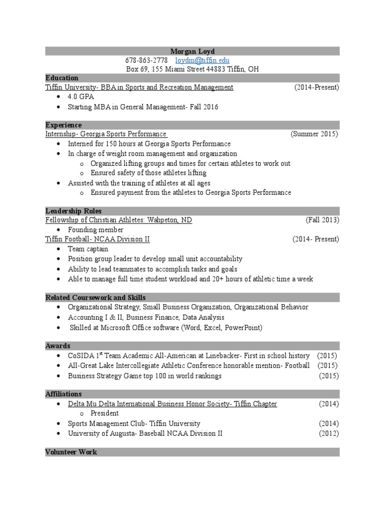 Morgan Loyd: Sports Management Resume | PDF | Business
