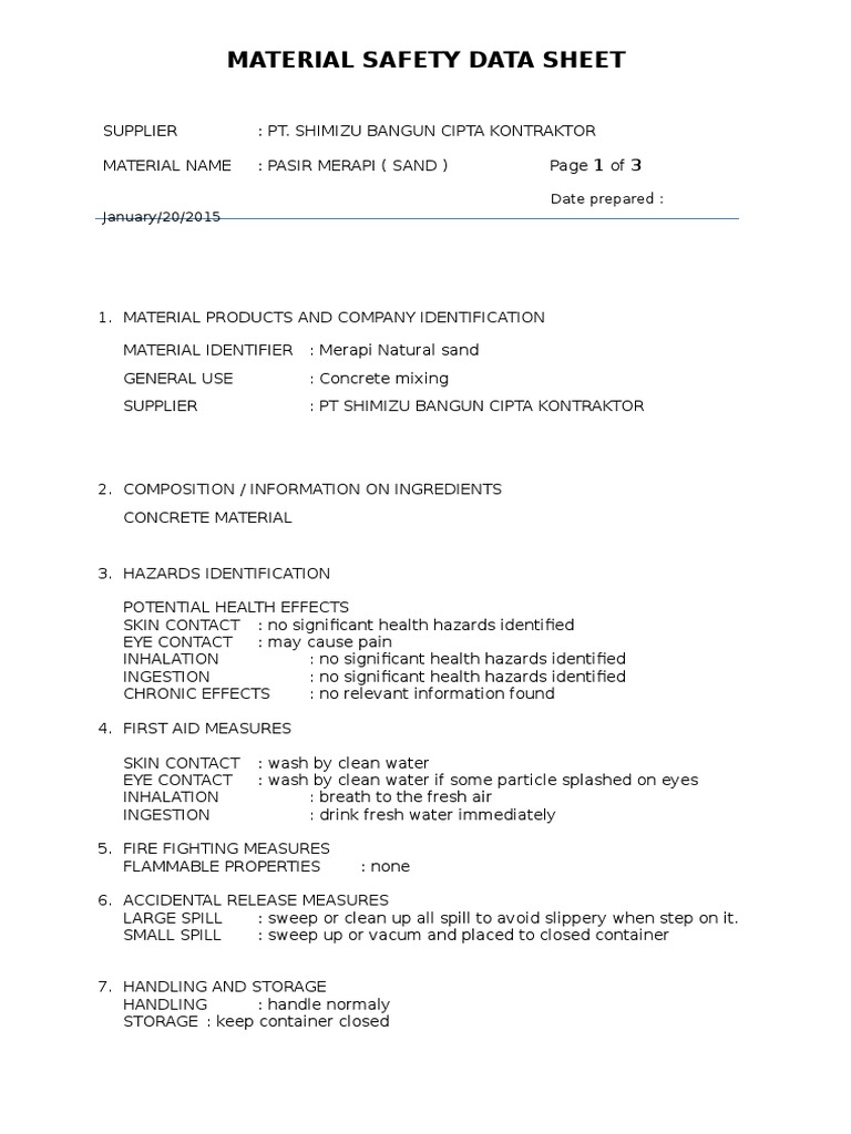 Material Safety Data Sheet Pasir | PDF | Sand | Water