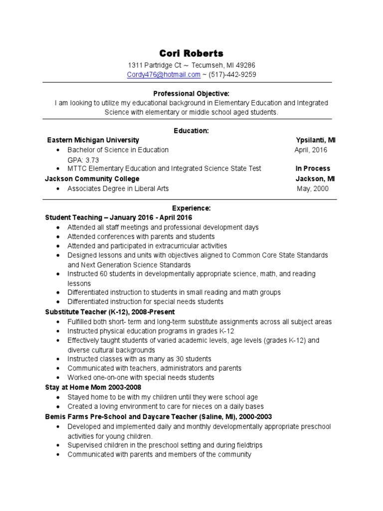 Elementary Education Resume of Cori Roberts | PDF | Wellness