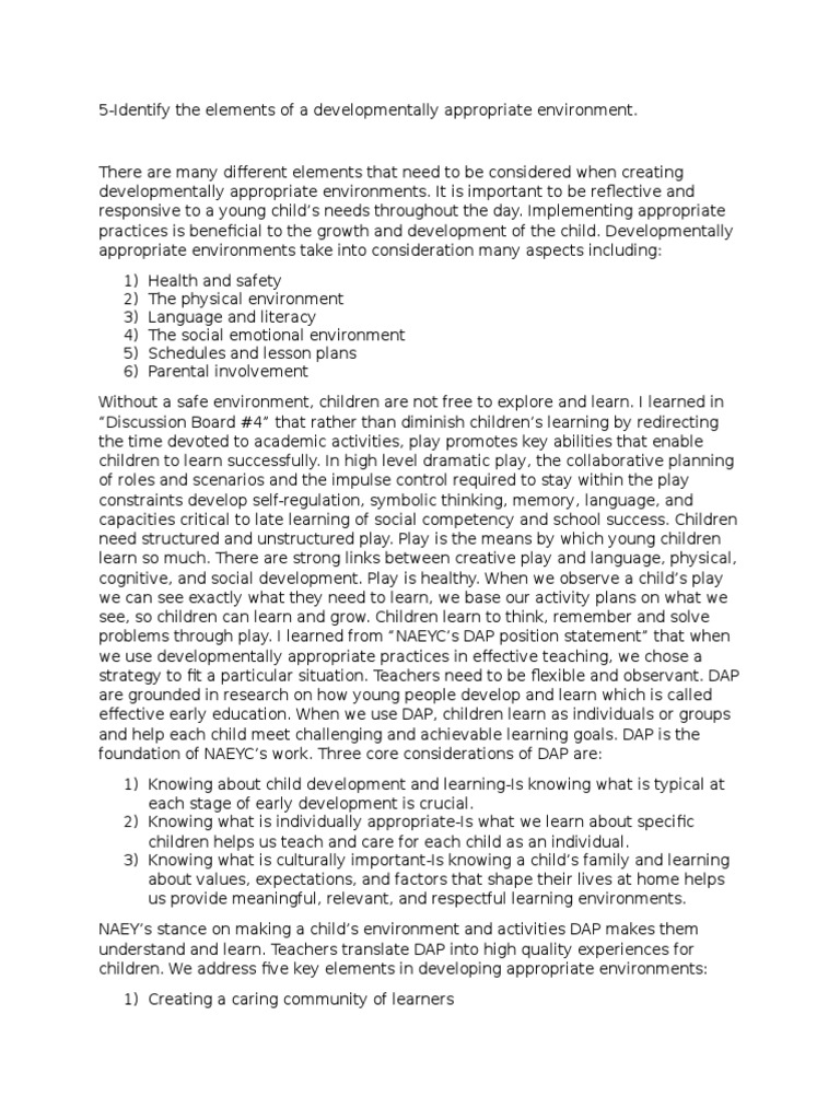 5-Identify The Elements of A Developmentally Appropriate Environment ...