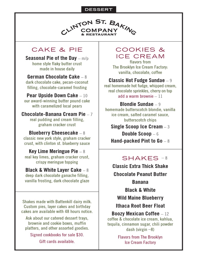 Clinton Street Baking Co., Dessert Menu | PDF | Cakes | Desserts