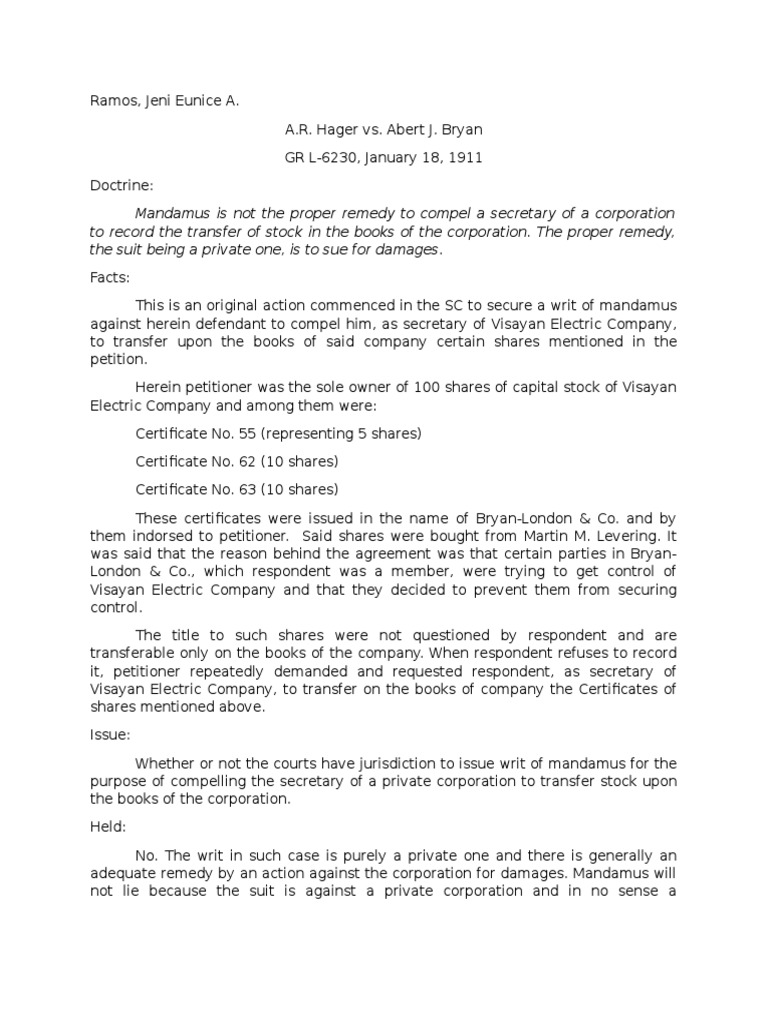 Hager vs. Bryan | Download Free PDF | Mandamus | Writ