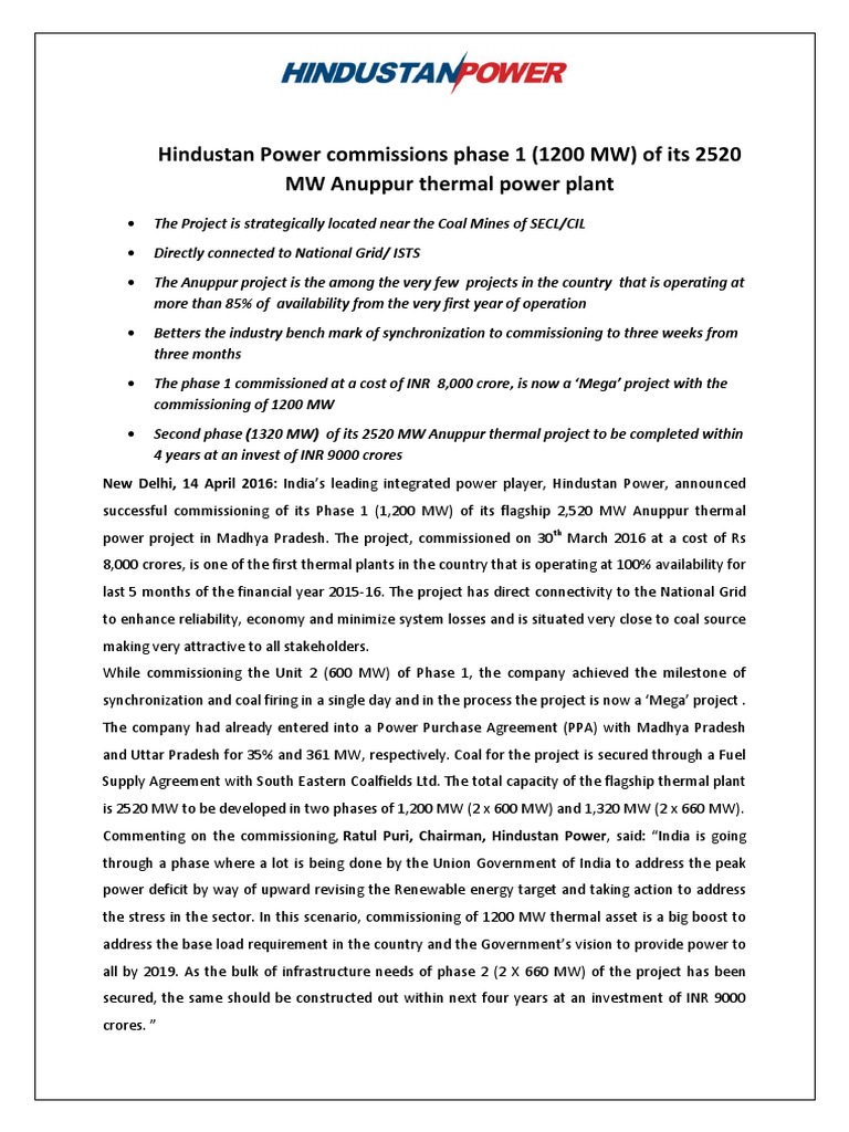 Hindustan Powerprojects To Lighten Up The Anuppur District | PDF ...