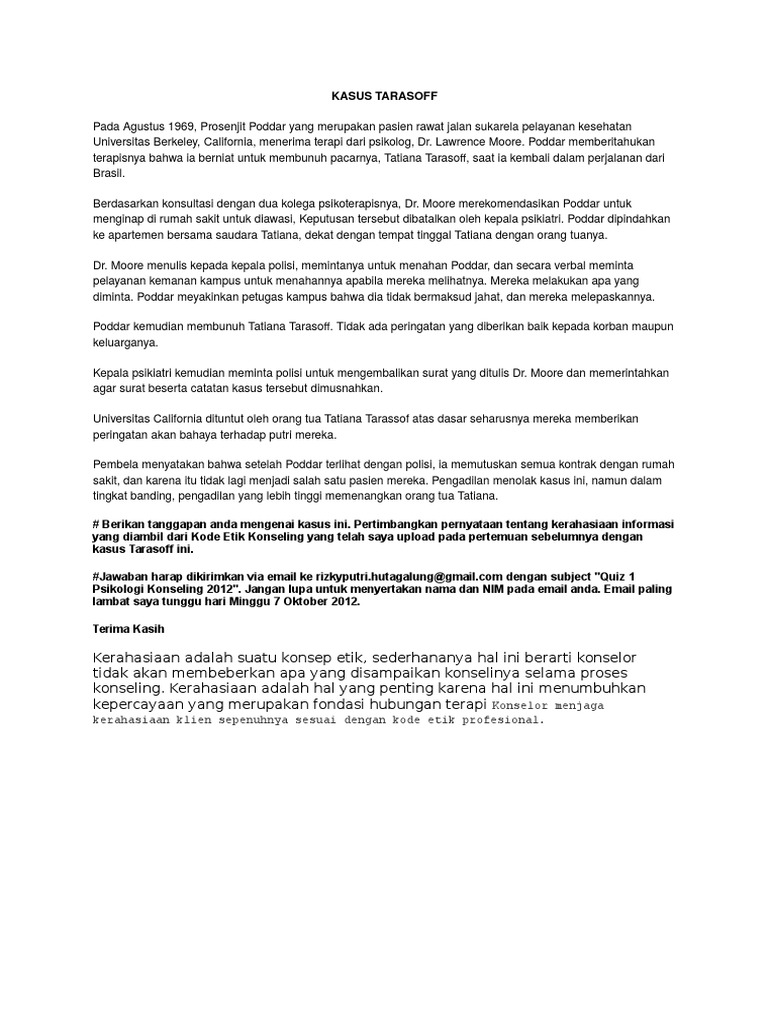 Kuiz 1 Konseling KASUS TARASOFF | PDF
