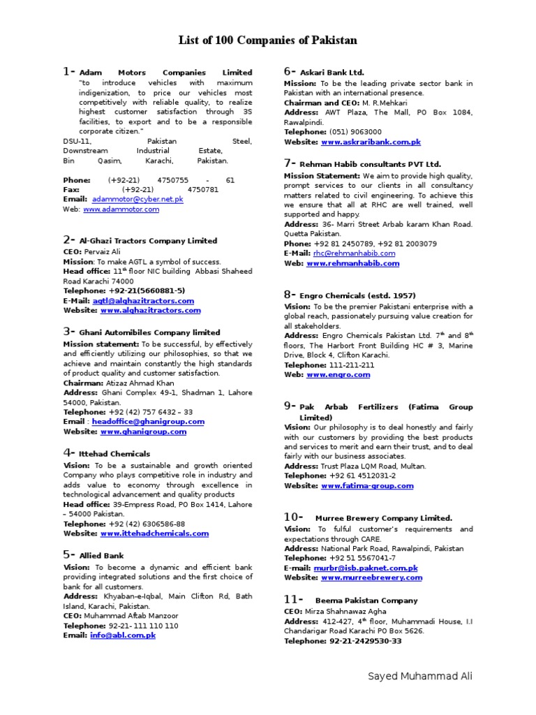 List of 100 Companies of Pakistan | PDF | Karachi | Pakistan
