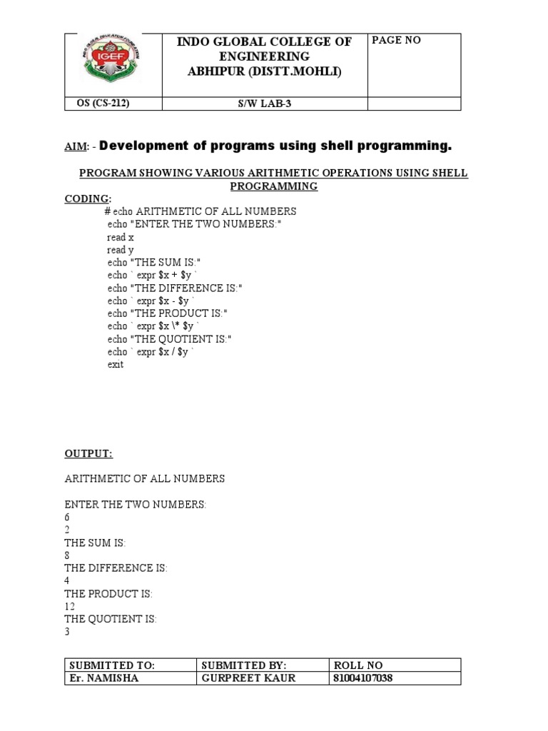 Development of Programs Using Shell Programming.: Indo Global College of Engineering Abhipur ...