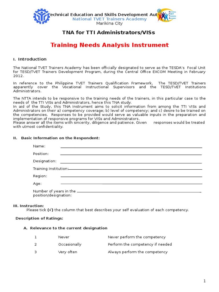 TNA Instrument | PDF | Vocational Education | Competence (Human Resources)