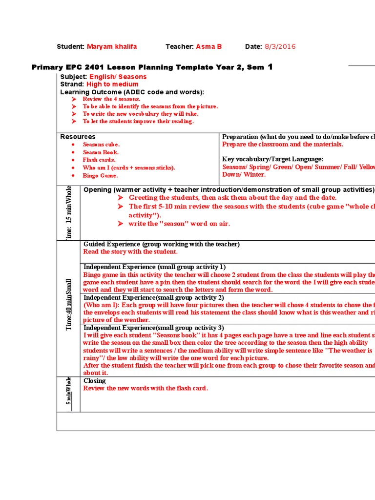 Grade 1 ESL Lesson Plan: Seasons | PDF