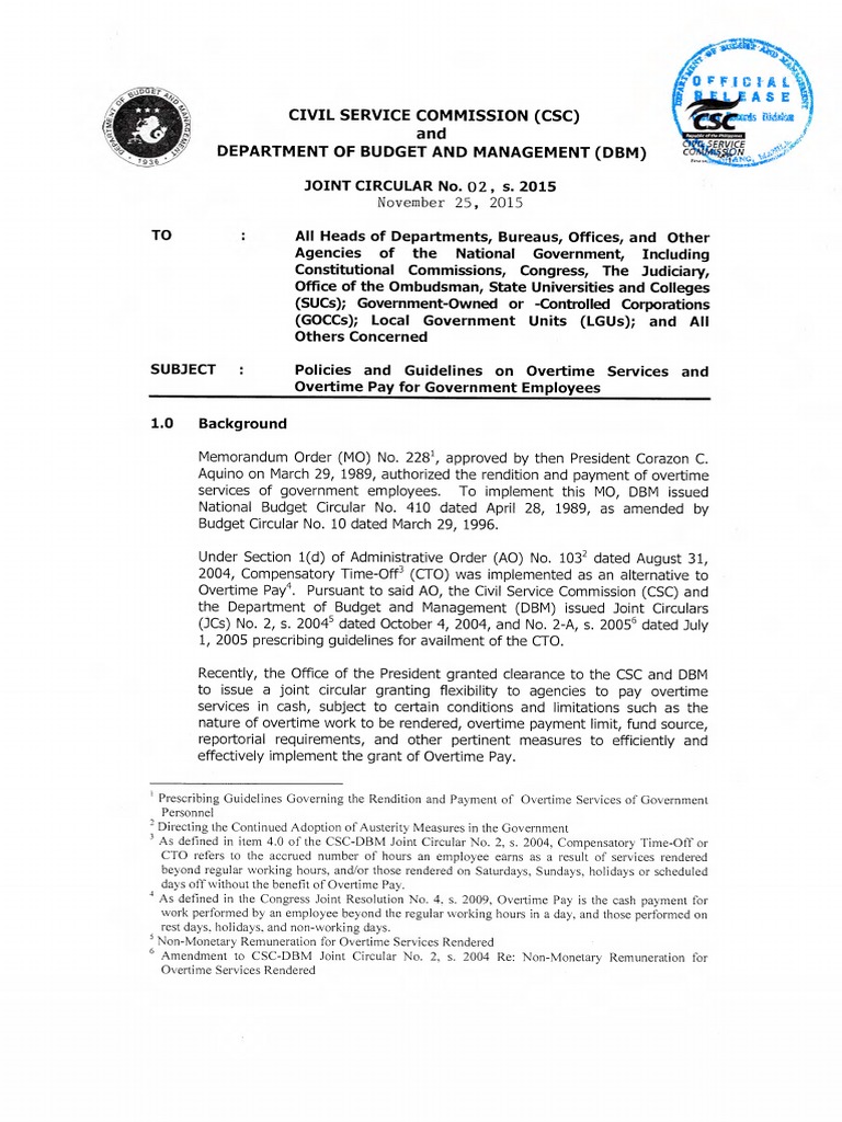 CSC-DBM Guidelines On Overtime | Download Free PDF | Overtime | Working ...